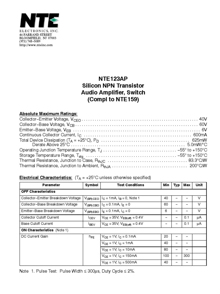 NTE123AP Silicon NPN Transistor Audio Amplifier, Switch (Compl To NTE159) | PDF | Electronic ...