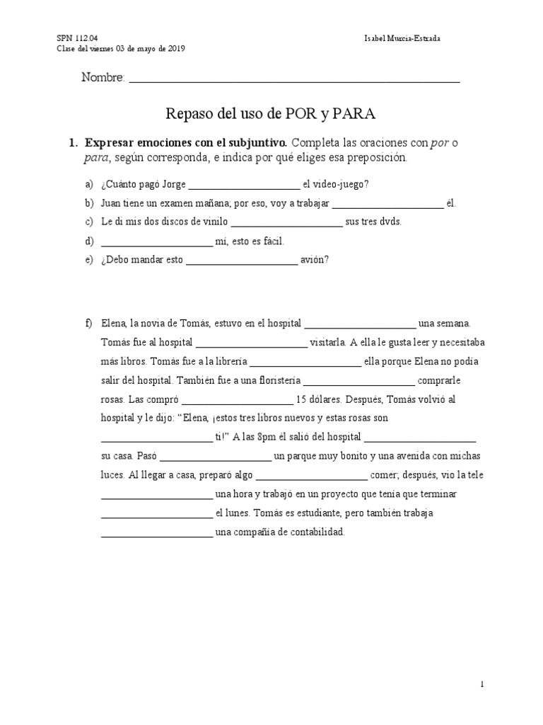 Actividades de Repaso: Usos de Por y Para. ELE | PDF