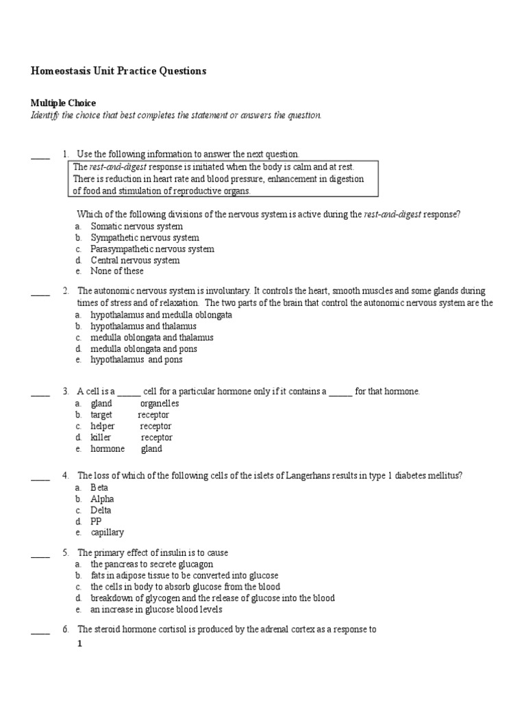Homeostasis Unit Practice Questions | PDF | Adrenal Gland | Hypothalamus
