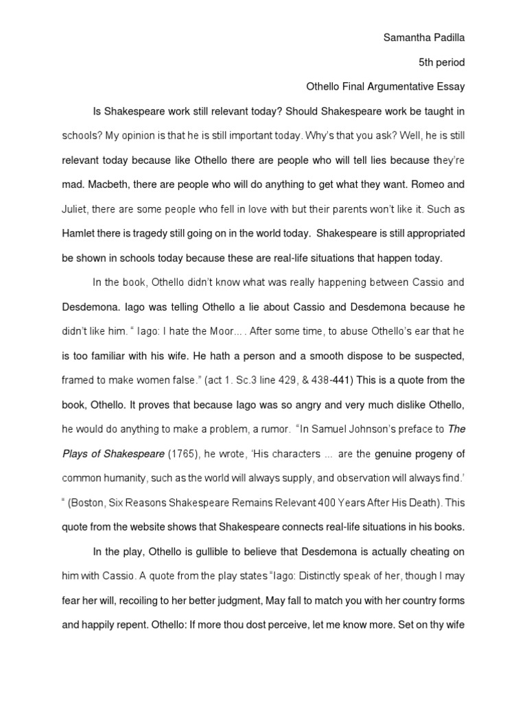 Othello Final Argumentative Essay | PDF | Othello | Iago
