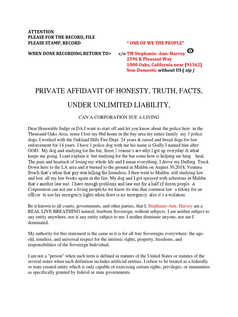 A Private Affidavit Asserting Rights and Objecting to Unlawful Police ...