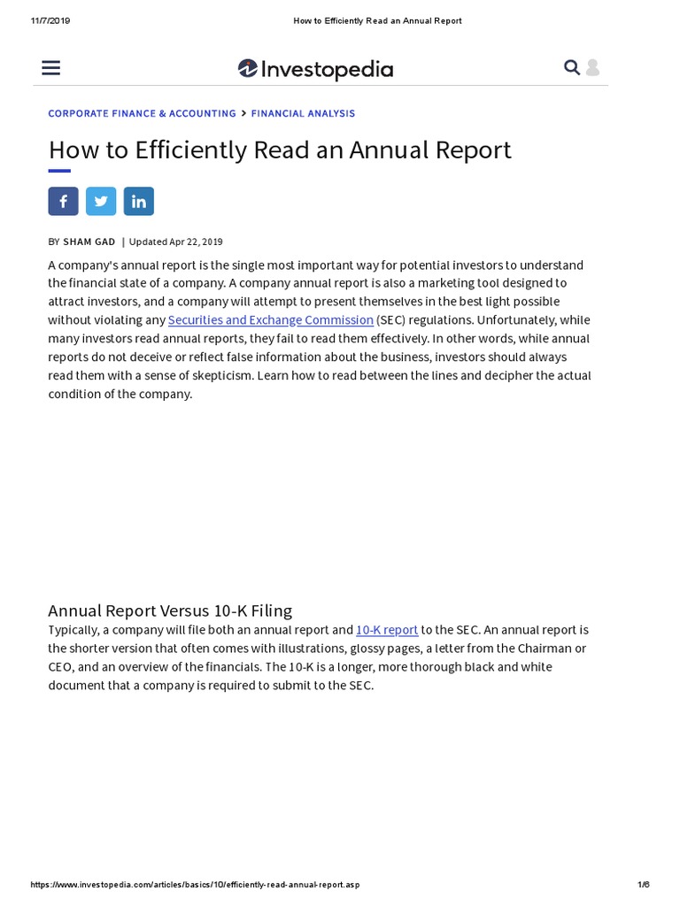Reading Annual Reports | PDF | Form 10 K | U.S. Securities And Exchange ...