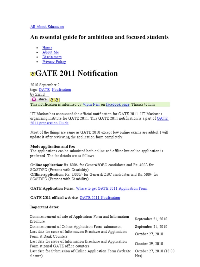GATE 2011 Notification: An Essential Guide For Ambitious and Focused ...
