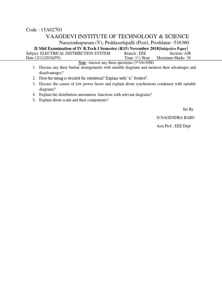 Vaagdevi Institute of Technology & Science: Code: 15A02701 Narasimhapuram (V), Peddasettipalli ...