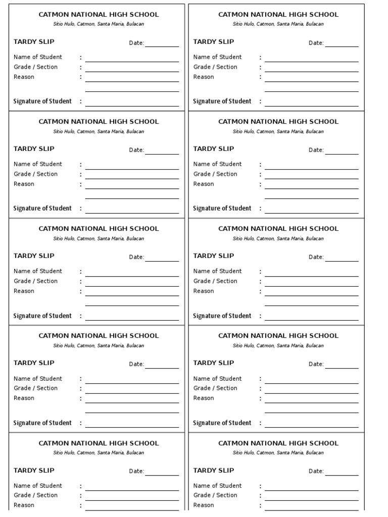 Catmon National High School Tardy Slip | PDF | Social Science | Wellness