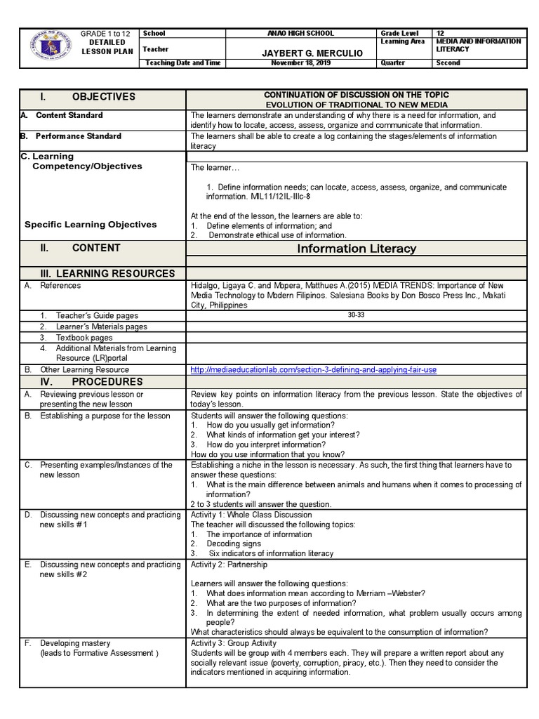 Grade 12 Media Literacy Lesson on Evolution of Traditional to New Media ...