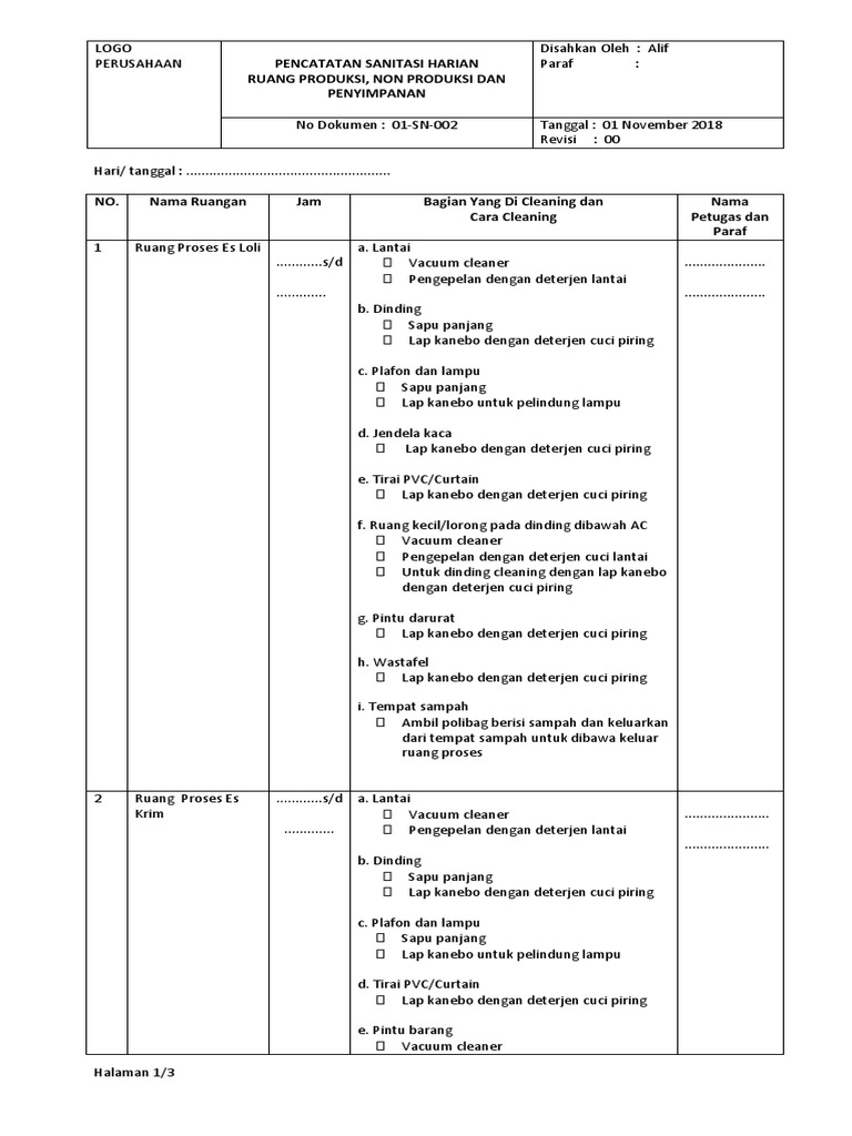 Form Sanitasi Ruang Produksi | PDF