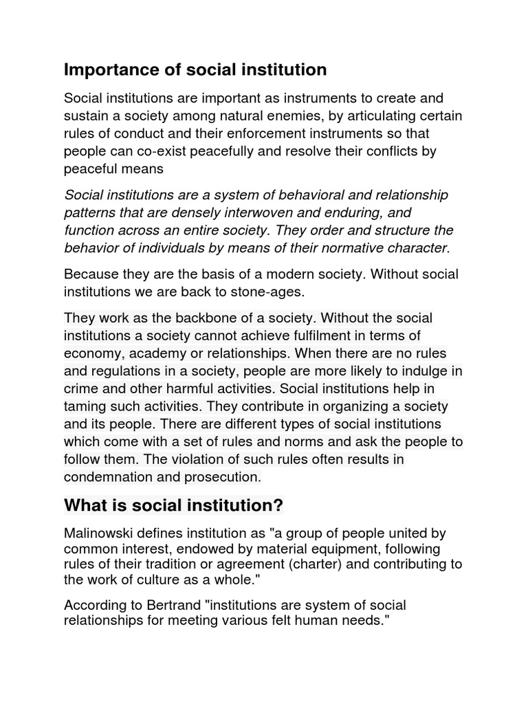 Significance of Social Institutions | PDF