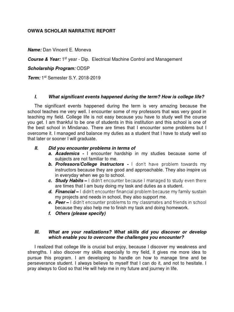 Owwa Scholar Narrative Report | PDF Owwa Scholar Narrative Report | PDF
