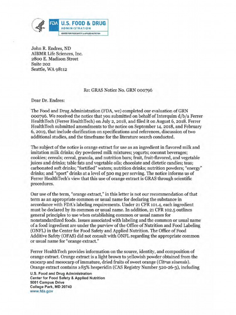 GRAS Notice (GRN) Orange Extract | PDF | Federal Food | Drink