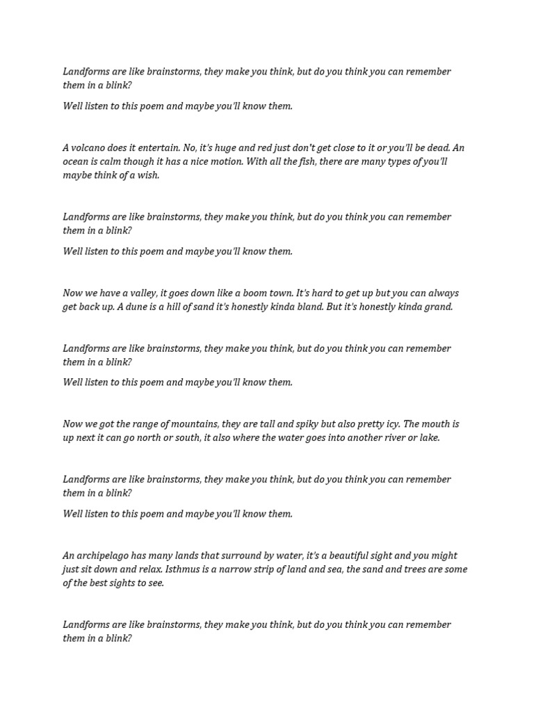 Landforms Poem Song | PDF | Geomorphology | Earth Sciences