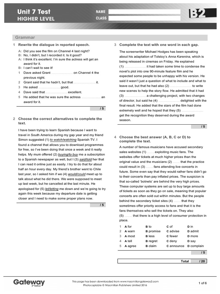 B2 UNIT 7 Test Higher | PDF