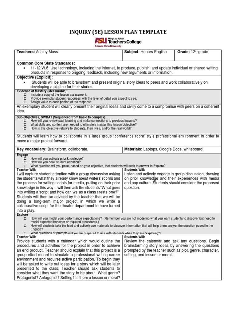 Inquiry (5E) Lesson Plan Template: Teachers: Ashley Moss Subject ...