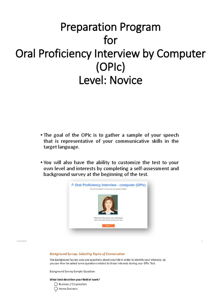 Preparation Program For Oral Proficiency Interview by Computer (Opic) Level: Novice | PDF ...