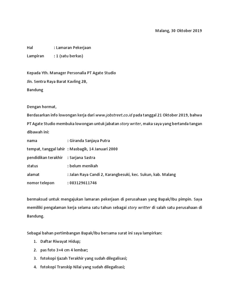 Surat Lamaran Kerja Dan Motivation Letter | PDF