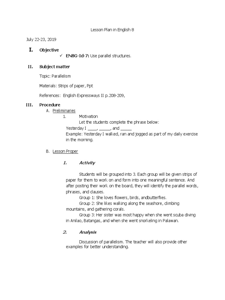 English 8 Lesson Plan: Parallelism | PDF | Sentence (Linguistics) | Phrase