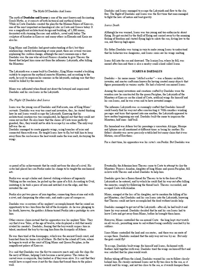 Daedalus and Icarus: Greek Myth Explained | PDF | Minotaur | Greek ...