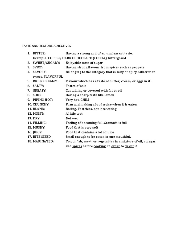 Taste and Texture Adjectives | PDF