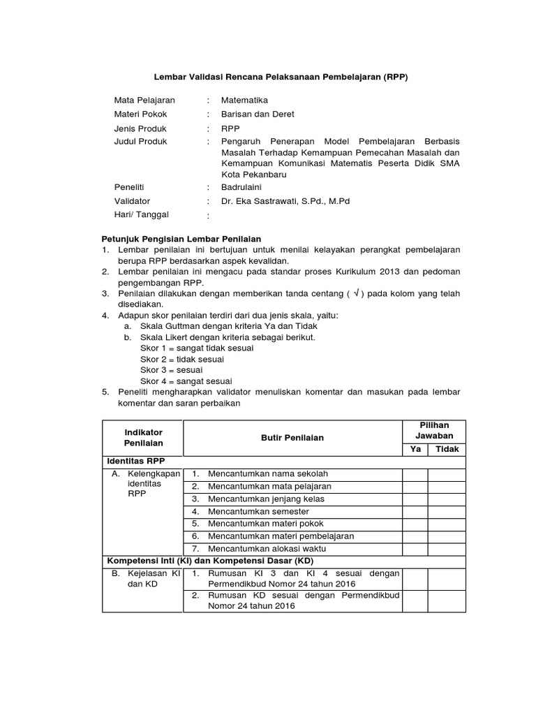 Lembar Validasi RPP | PDF