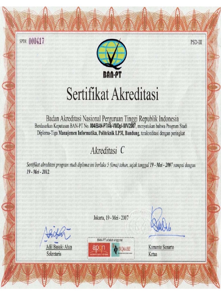 Akreditasi Jurusan Manajemen Informatika - Politeknik LP3I Bandung | PDF