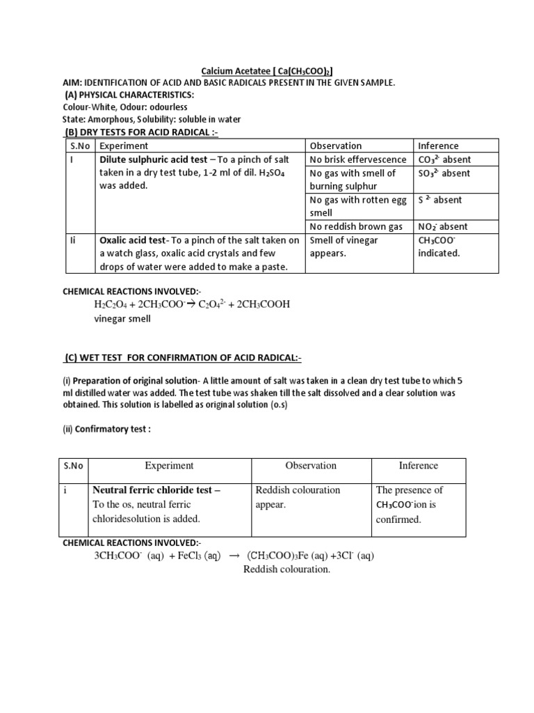 Calcium Acetate Identification Tests | PDF | Acetate | Salt (Chemistry)