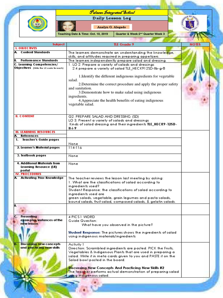 Grade 9 TLE 2nd Quarter DLL | PDF | Salad | Food And Drink