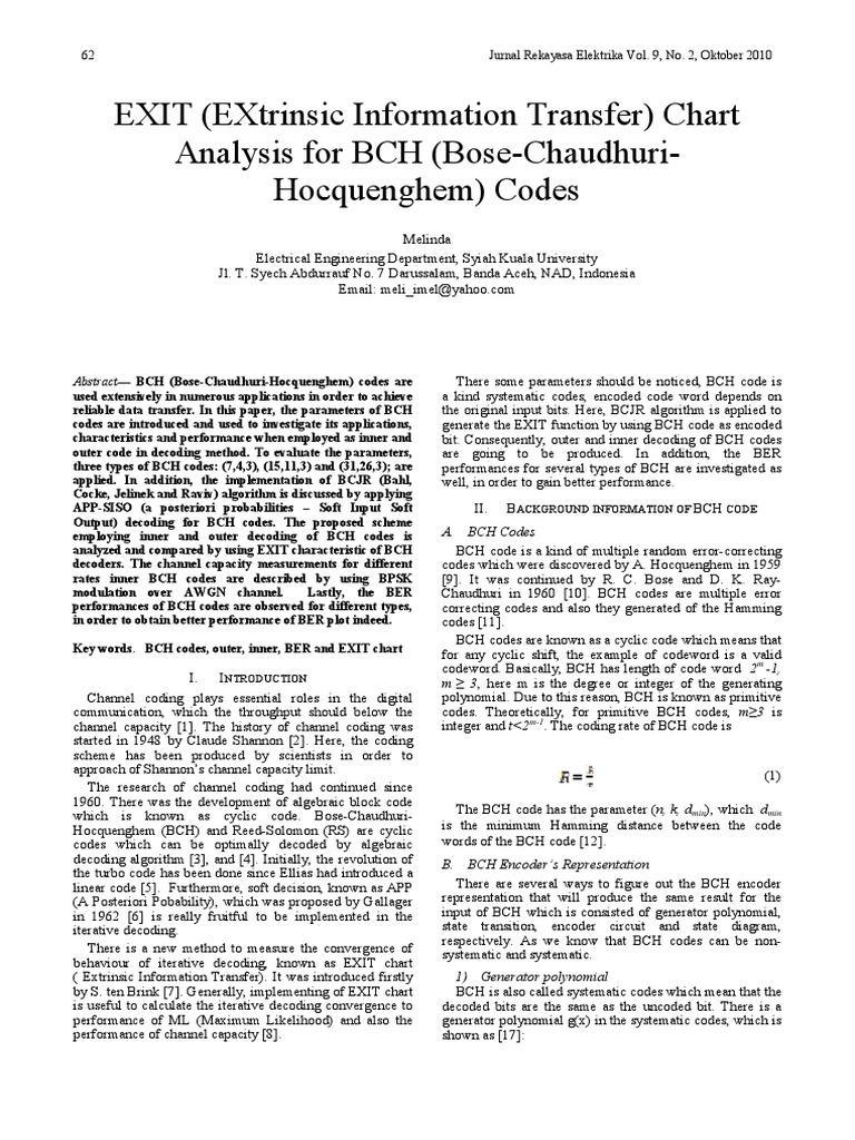 Exit (Extrinsic Information Transfer) Chart Analysis For BCH (Bose-Chaudhuri-Hocquenghem) Codes ...