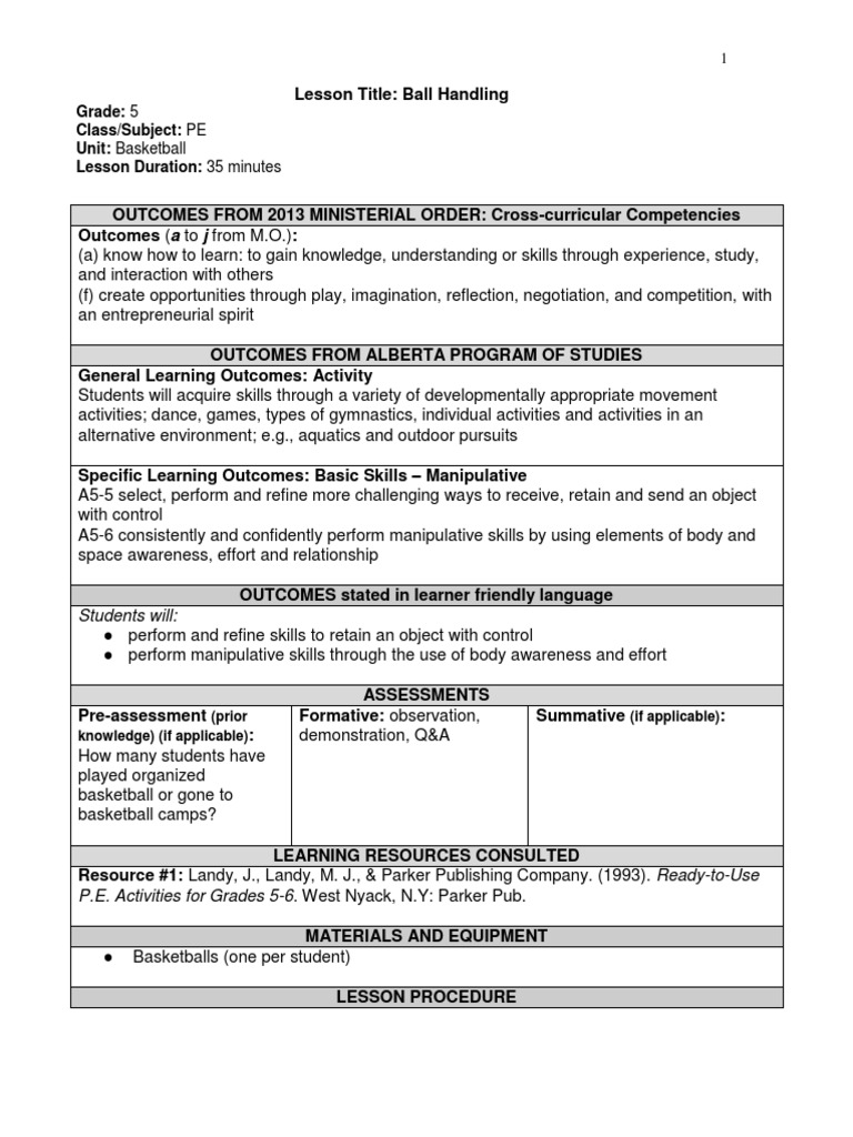 Grade 5 Basketball Ball Handling Lesson | PDF | Physical Education ...