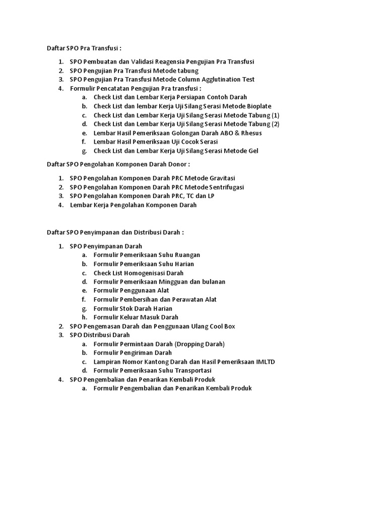 SOP Pra Transfusi dan Pengolahan Darah | PDF