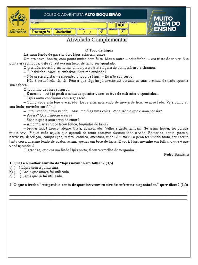 3º B - 2019 - 6º Ano Atividade Complementar | PDF | Sintaxe | Amor