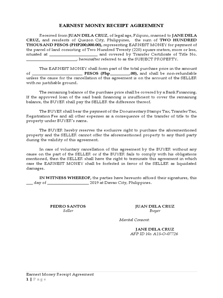 Earnest Money Receipt Agreement Template | PDF | Taxes | Services ...