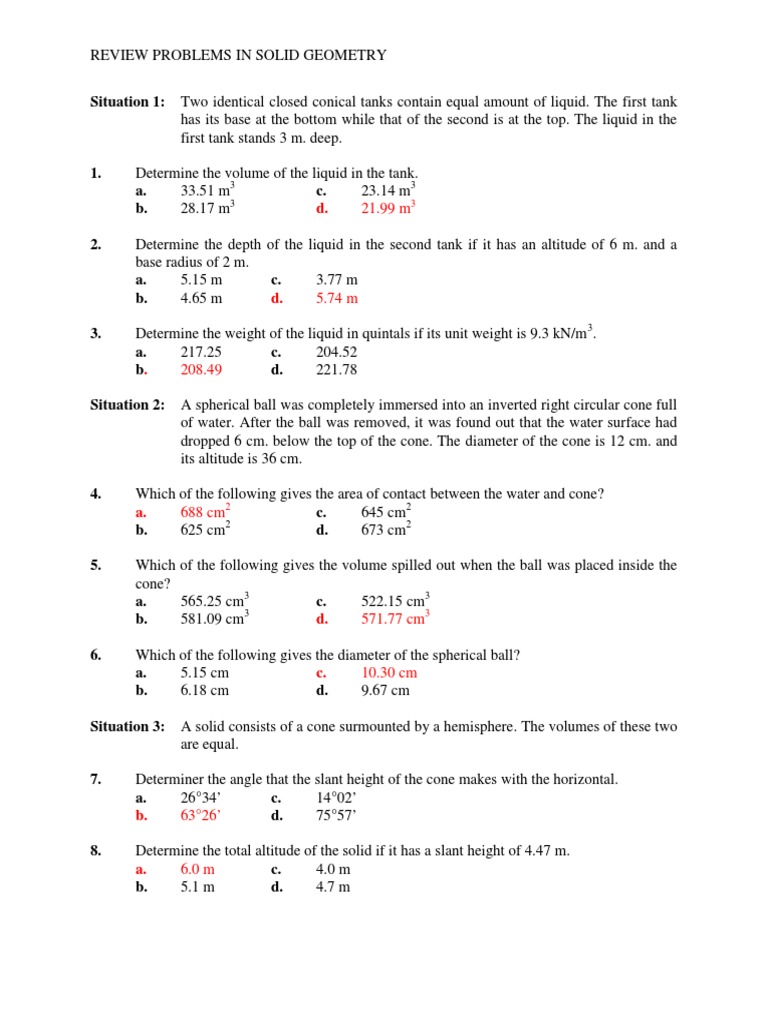 Review Problems in Solid Geometry-1 | PDF | Sphere | Volume