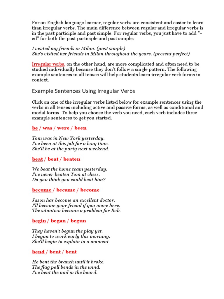 Irregular Verb Examples in Sentences | PDF | Verb | Grammar