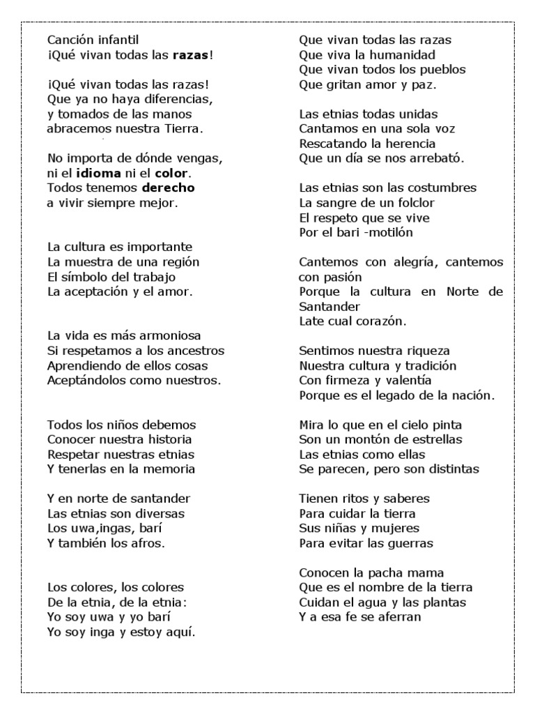 Que Vivan Todas las Razas: Canción Infantil | PDF