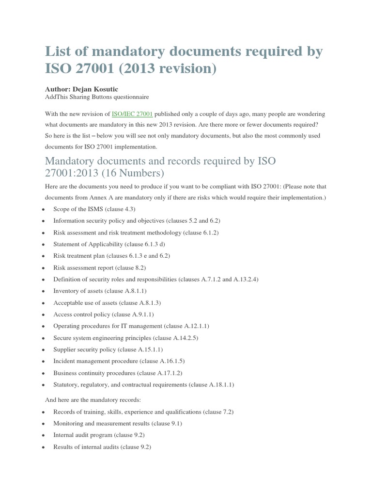 List of Mandatory Documents Required by ISO 27001 (2013 Revision) | PDF | Information Security ...