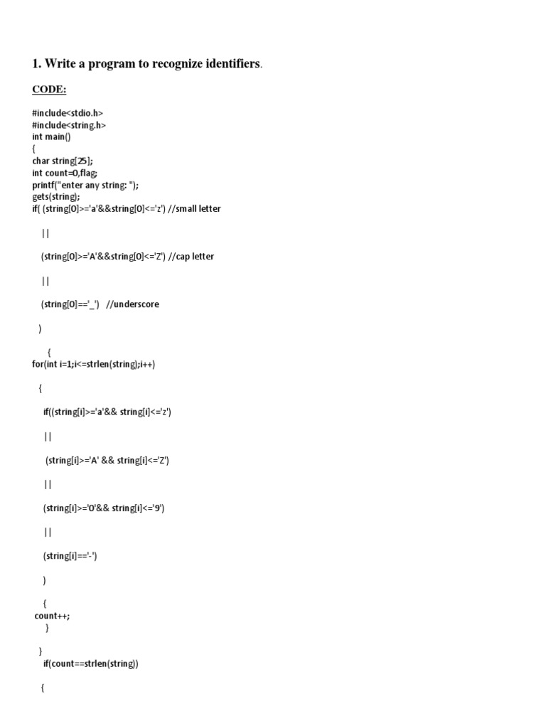 Write A Program To Recognize Identifiers: Code | PDF | Computer Programming | Software Engineering