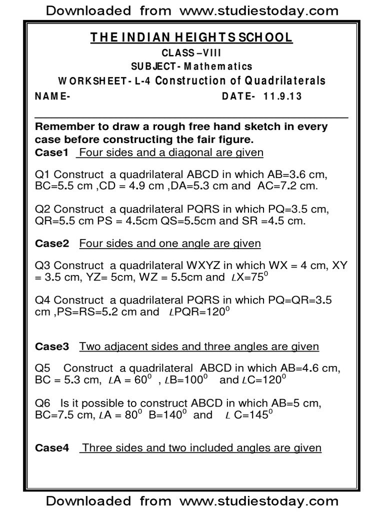 CBSE Class 8 Mathematics Worksheet - Construction of Quadrilaterals PDF ...