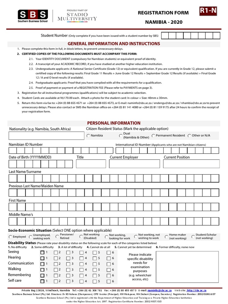 r1-n Registration Form 2020 01 Nam | Bachelor's Degree | Namibia