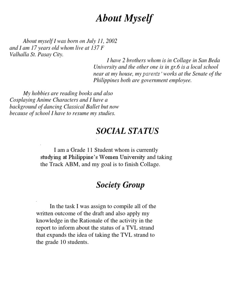 About Myself: Social Status | PDF