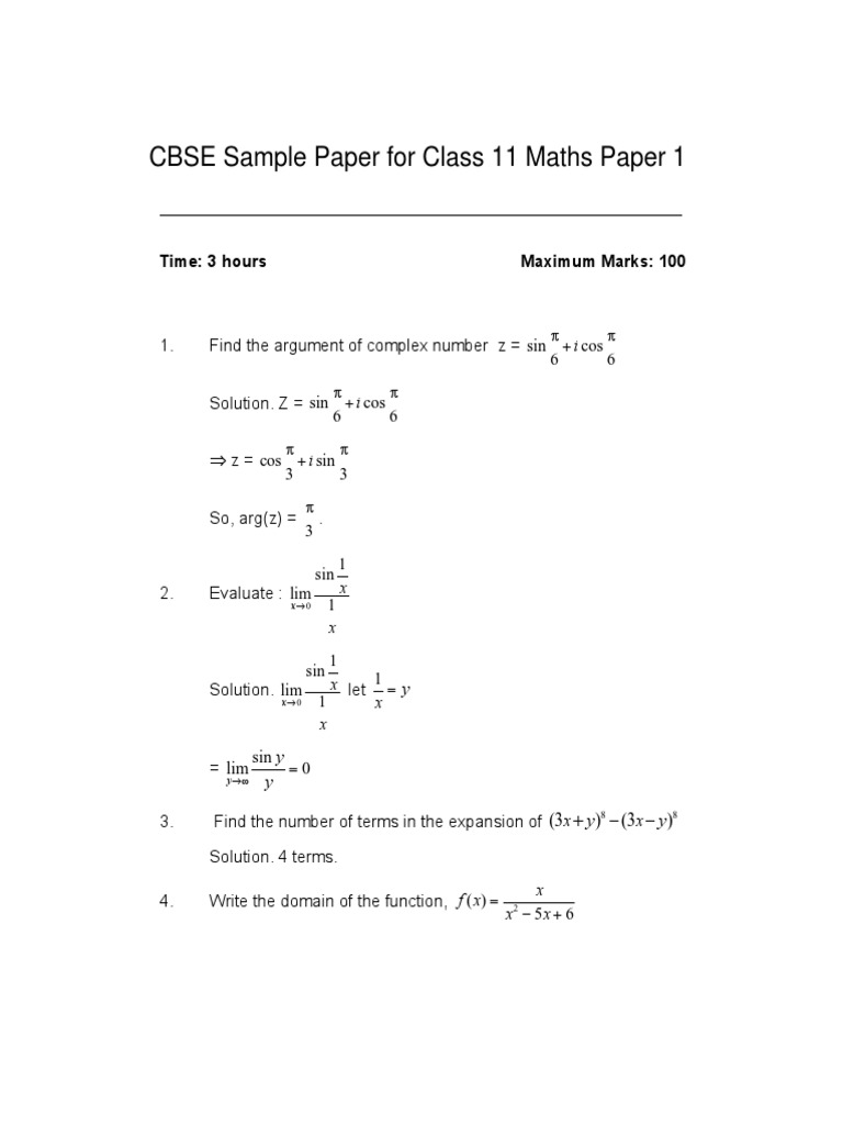 Class 11 Maths Sample Paper Solutions | PDF | Equations | Complex Number
