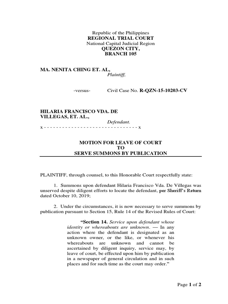 Motion To Serve Summons by Publication | PDF | Summons | Public Sphere