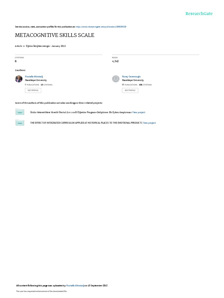Metacognitive Skills Scale: Eğitim Fakü̧ltesi Dergisi January 2013 ...
