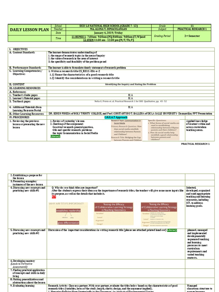 Daily Lesson Plan: School Grade Teacher Subject Date Grading Period ...