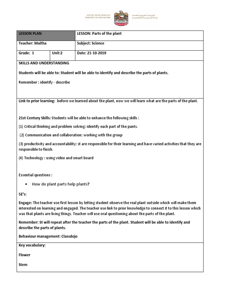 Grade 1 Science: Plant Parts Lesson | PDF | Lesson Plan | Learning
