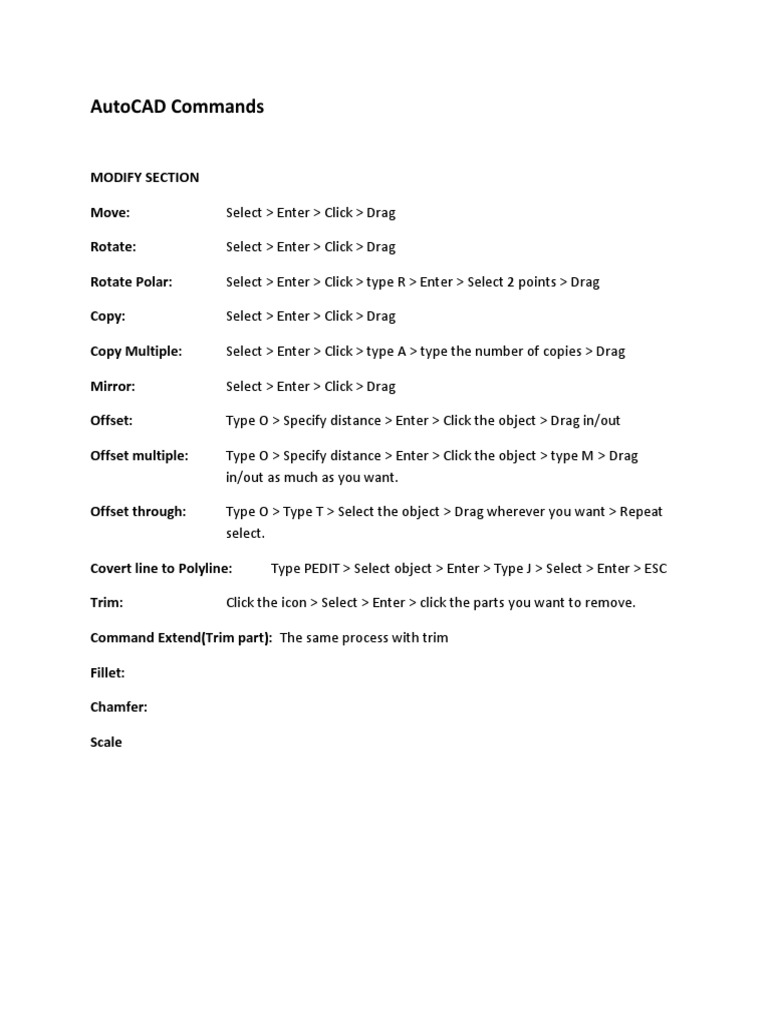 Autocad Commands Modify Section Move Rotate Rotate Polar Copy Copy Multiple Mirror Offset