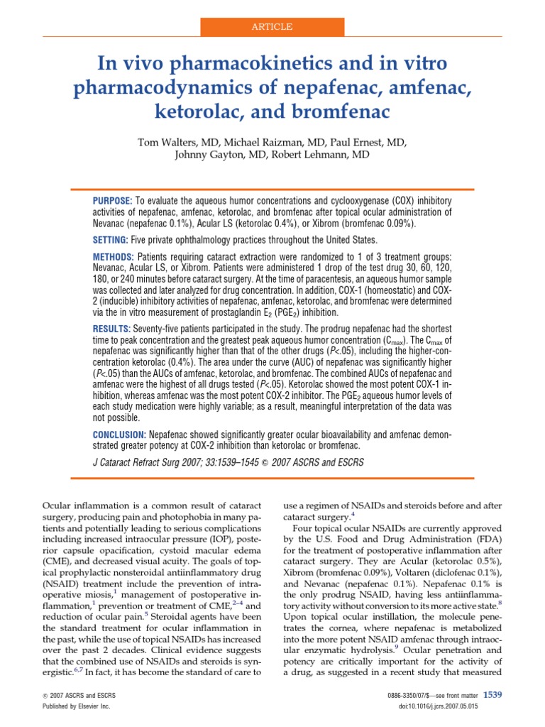 In Vivo Pharmacokinetics and in Vitro Pharmacodynamics of Nepafenac ...