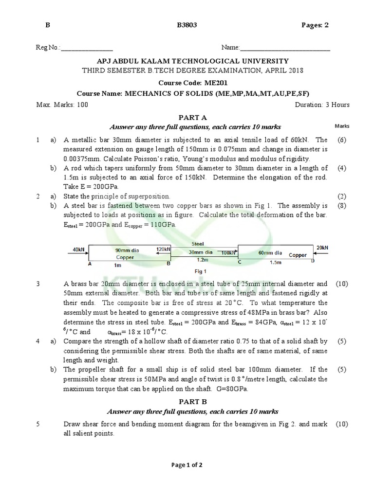 Answer Any Three Full Questions, Each Carries 10 Marks: Reg No.: - Name | PDF | Stress ...