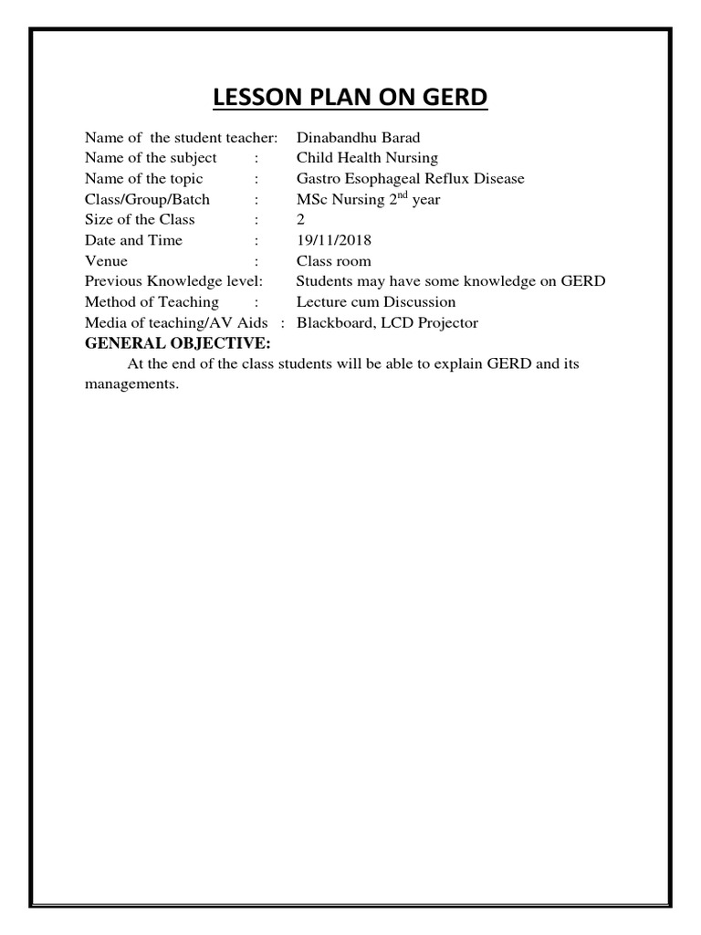 GERD Nursing Lesson Plan Overview | PDF | Gastroesophageal Reflux ...