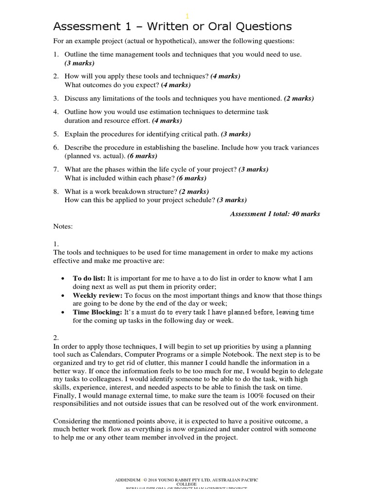 Assessment 1 - Written or Oral Questions: (3 Marks) | PDF | Project ...