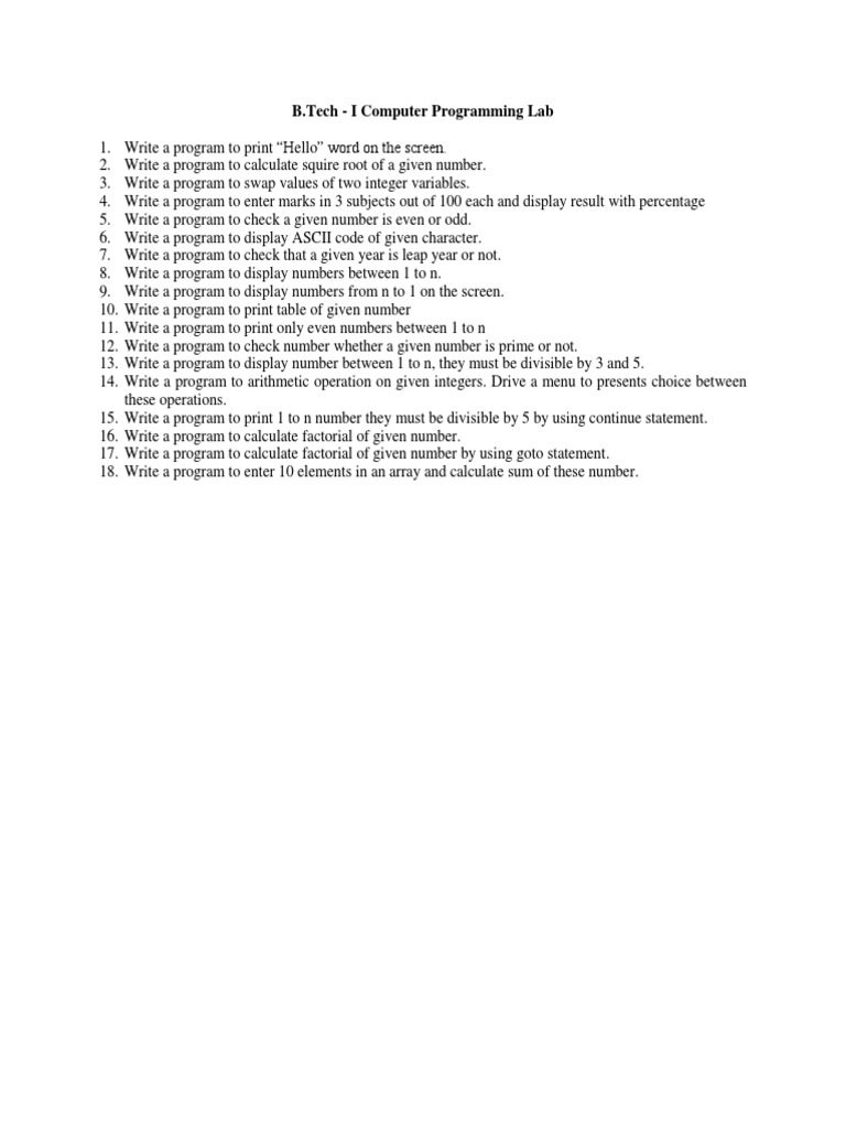 B.Tech - I Computer Programming Lab | PDF